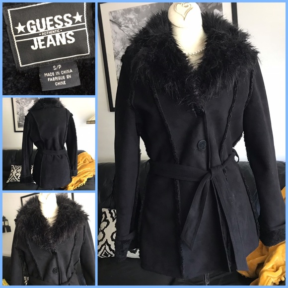 Guess | Jackets & Coats | Guess Coat W Belt And Fake Fur Collar Warm ...